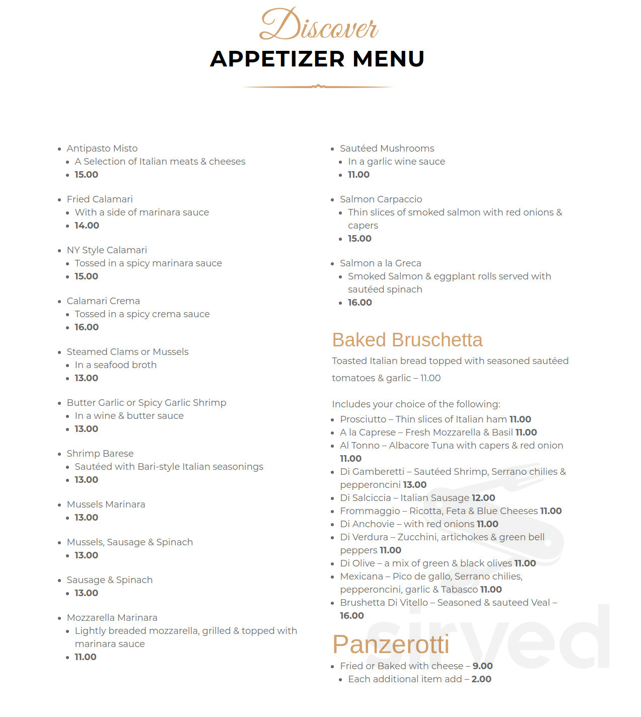 Piazza Gavi menu in Tucson, Arizona, USA