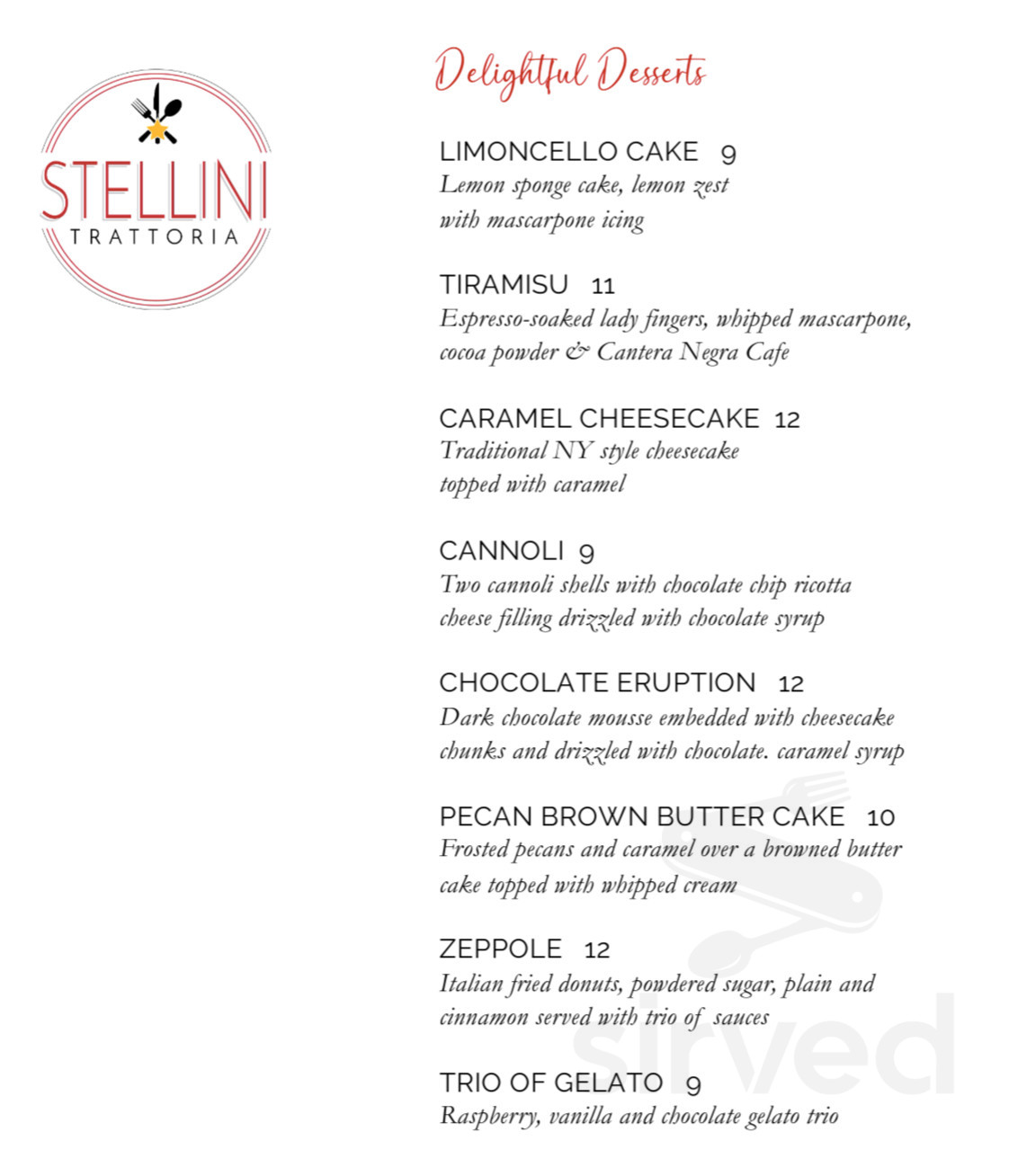 Stellini Trattoria menu in Grapevine, Texas, USA
