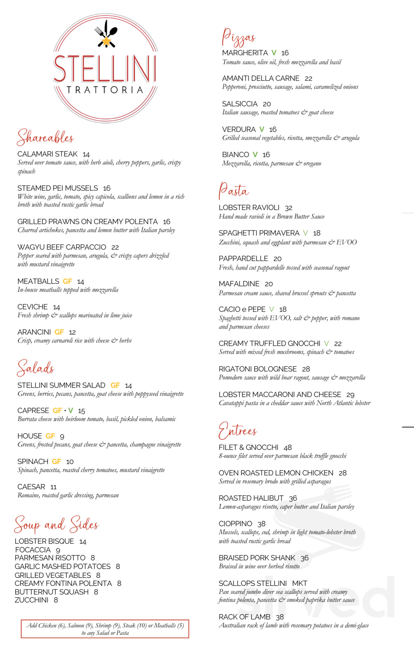 Stellini Trattoria menu in Grapevine, Texas, USA