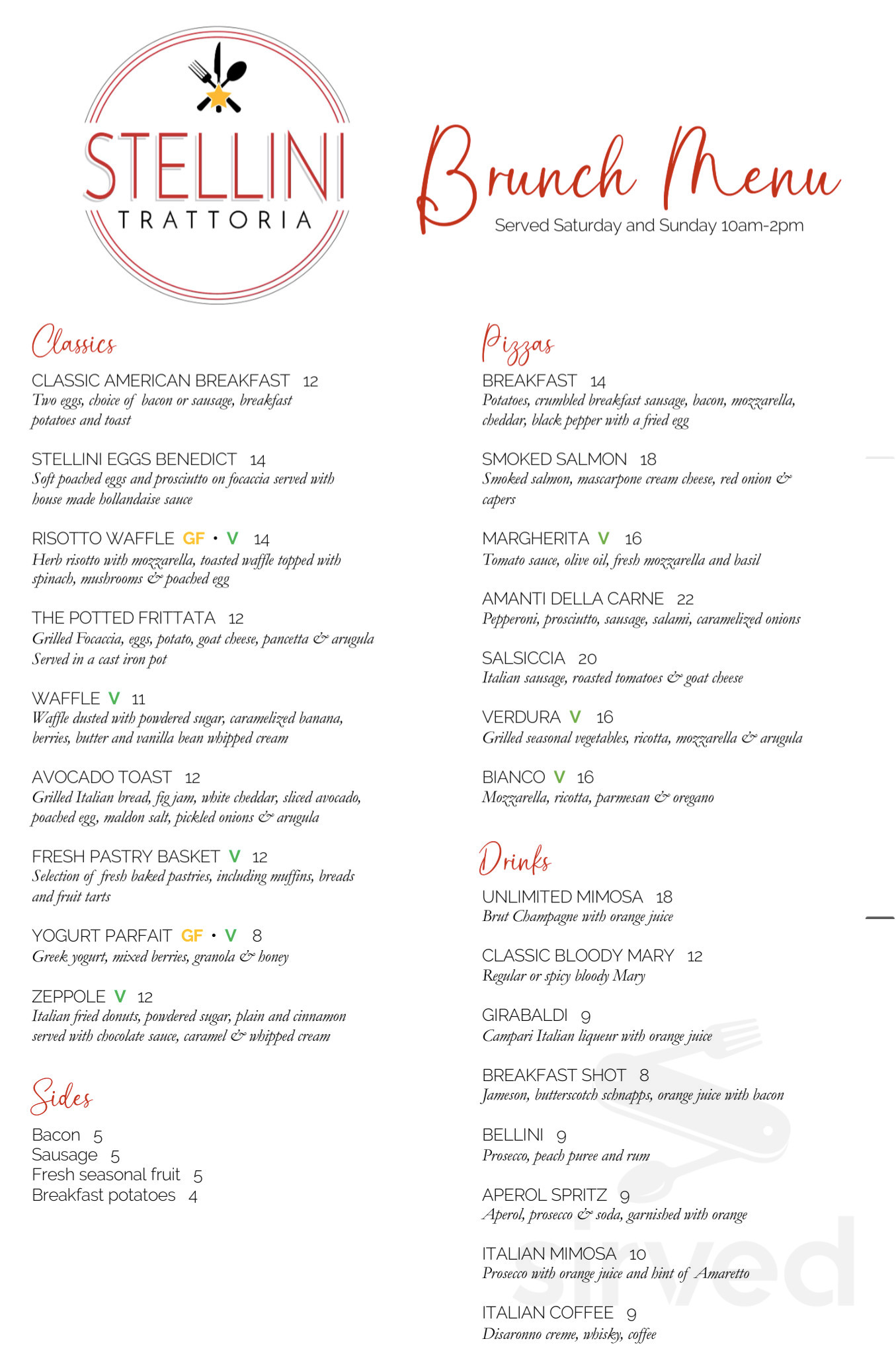 Stellini Trattoria menu in Grapevine, Texas, USA