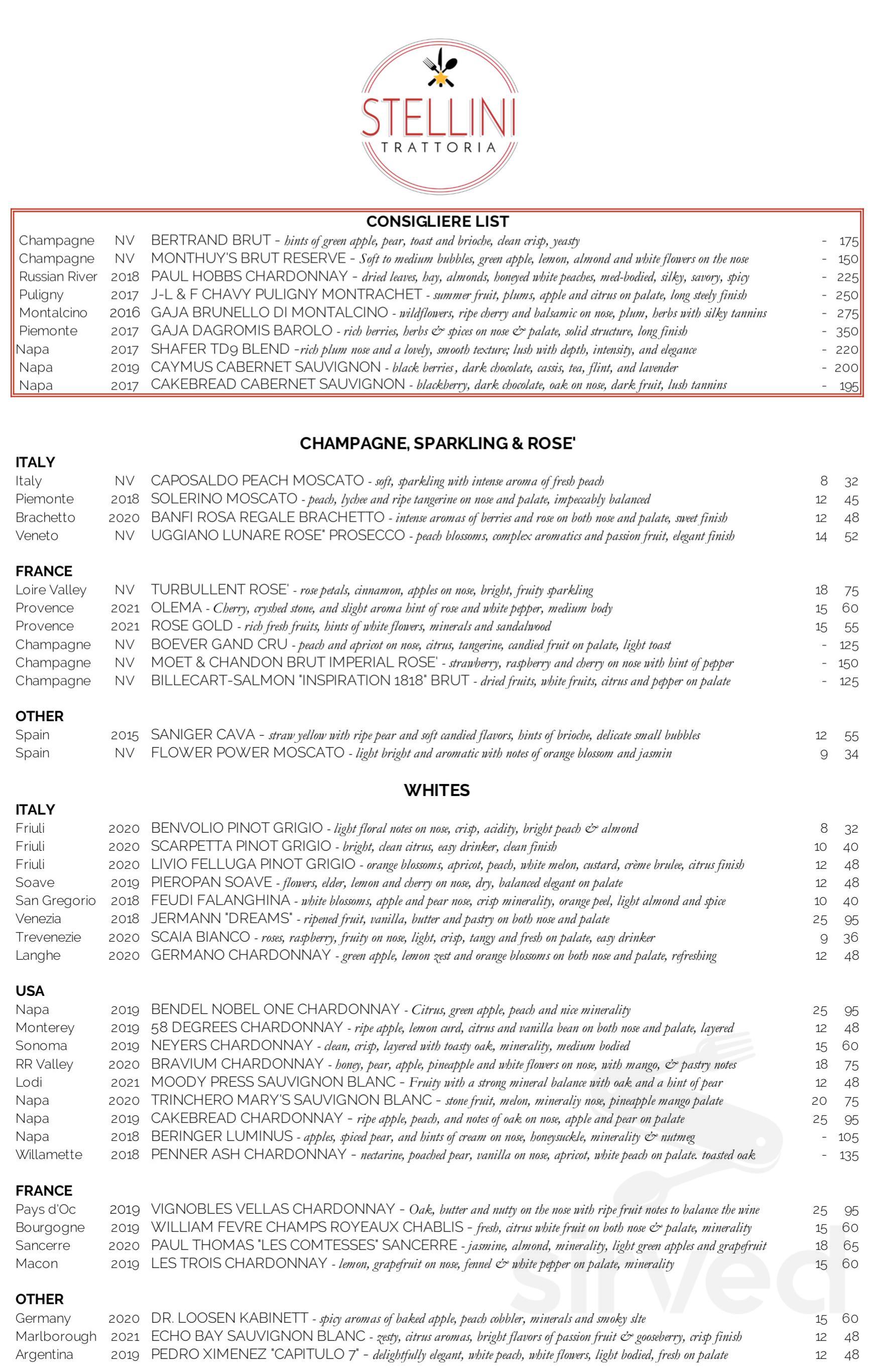 Stellini Trattoria menu in Grapevine, Texas, USA