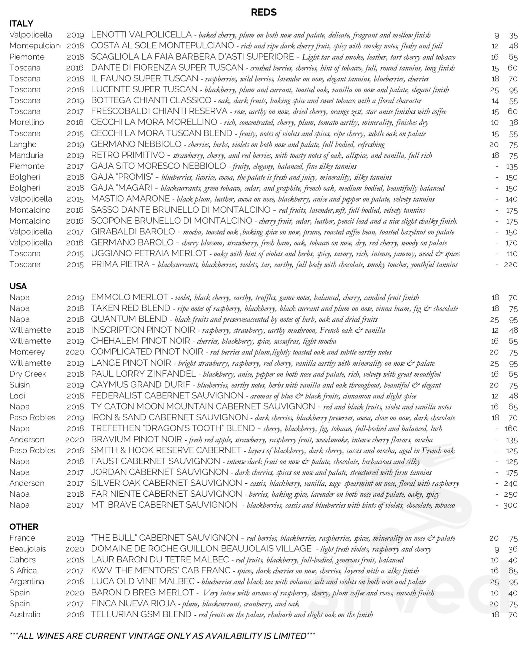 Stellini Trattoria menu in Grapevine, Texas, USA