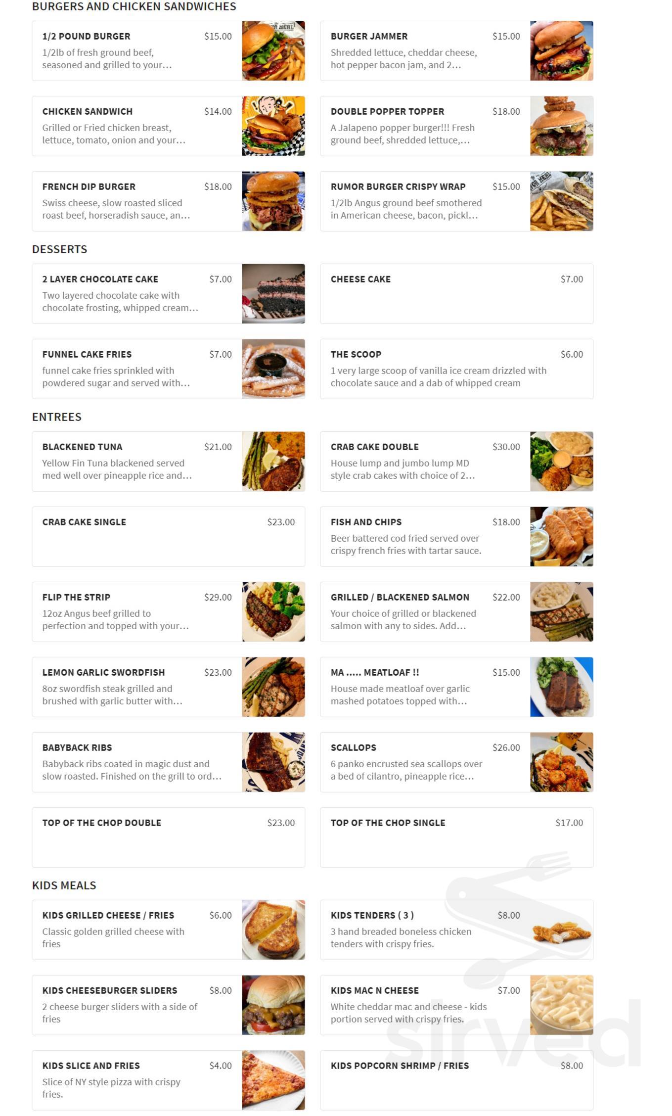 Menu for The Rumor Reel in Pasadena, MD | Sirved