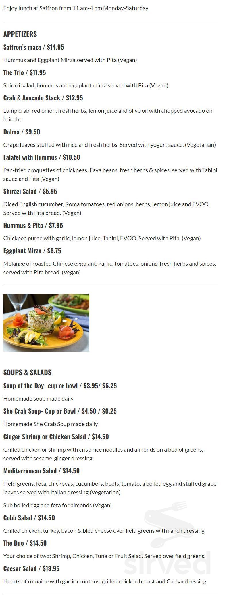 Menu for Saffron Restaurant & Bakery in Charleston, SC | Sirved