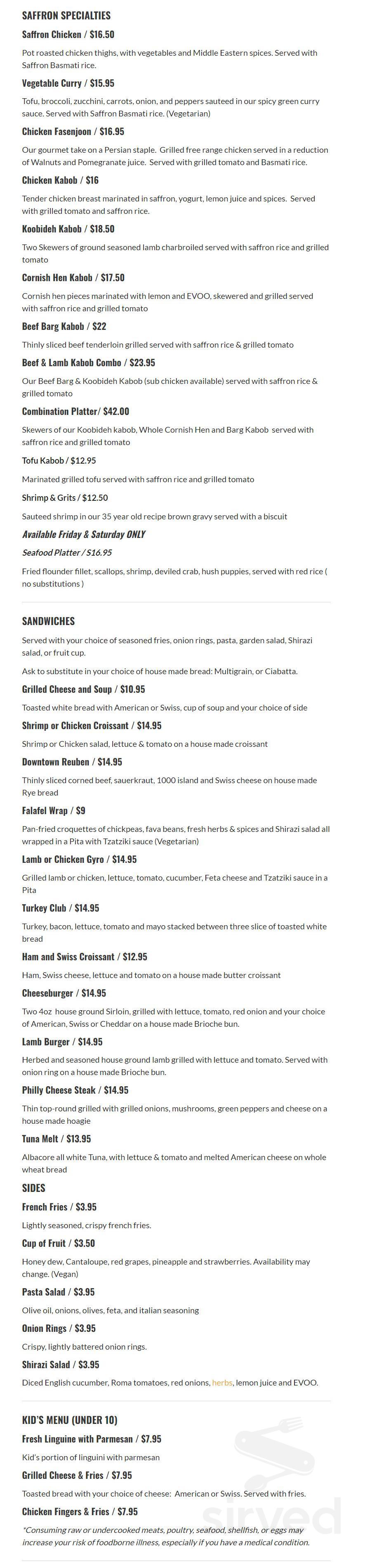 Menu for Saffron Restaurant & Bakery in Charleston, SC | Sirved