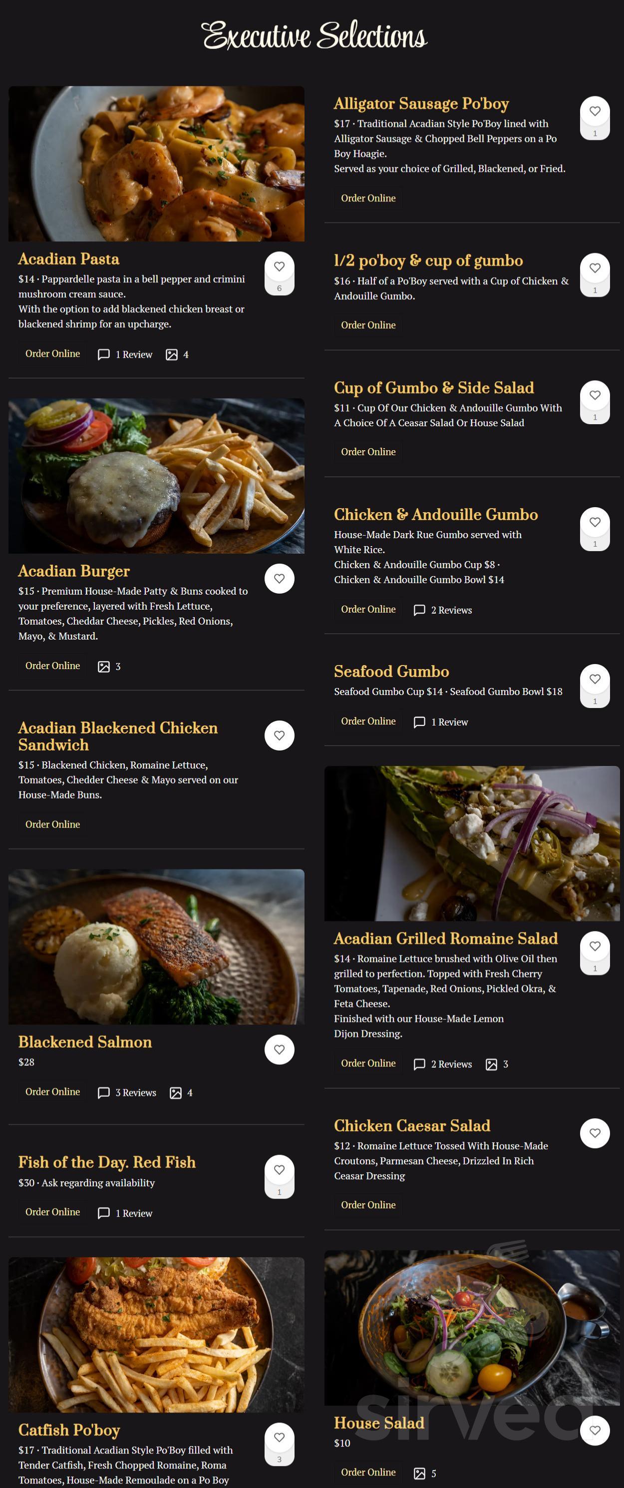 Acadian Coast menu in Houston, Texas, USA