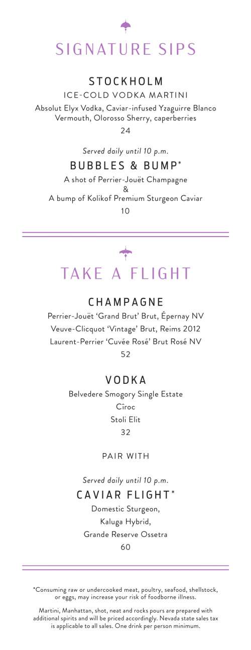 Bar Parasol menu in Las Vegas, Nevada, USA