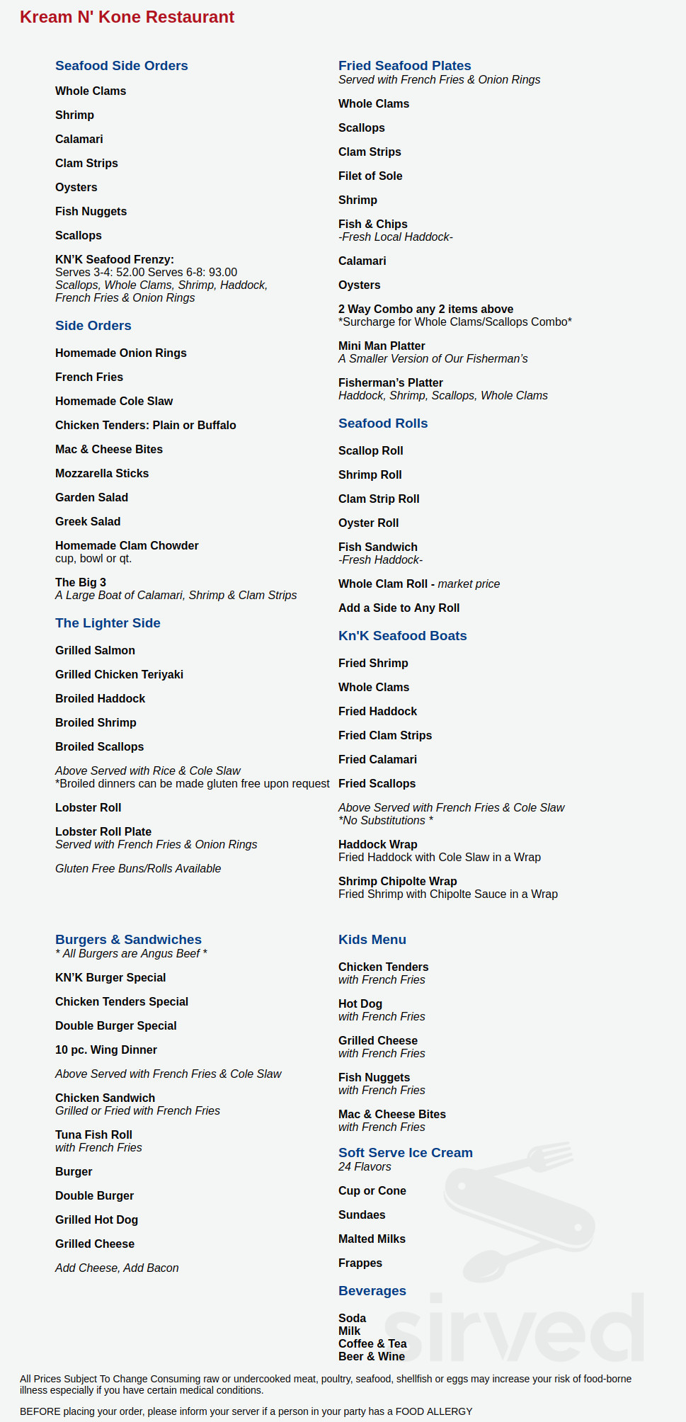 Menu for Kream N' Kone - Chatham in Chatham, MA | Sirved