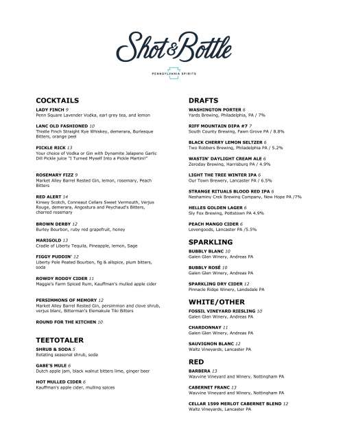 Shot & Bottle menu in Lancaster, Pennsylvania, USA