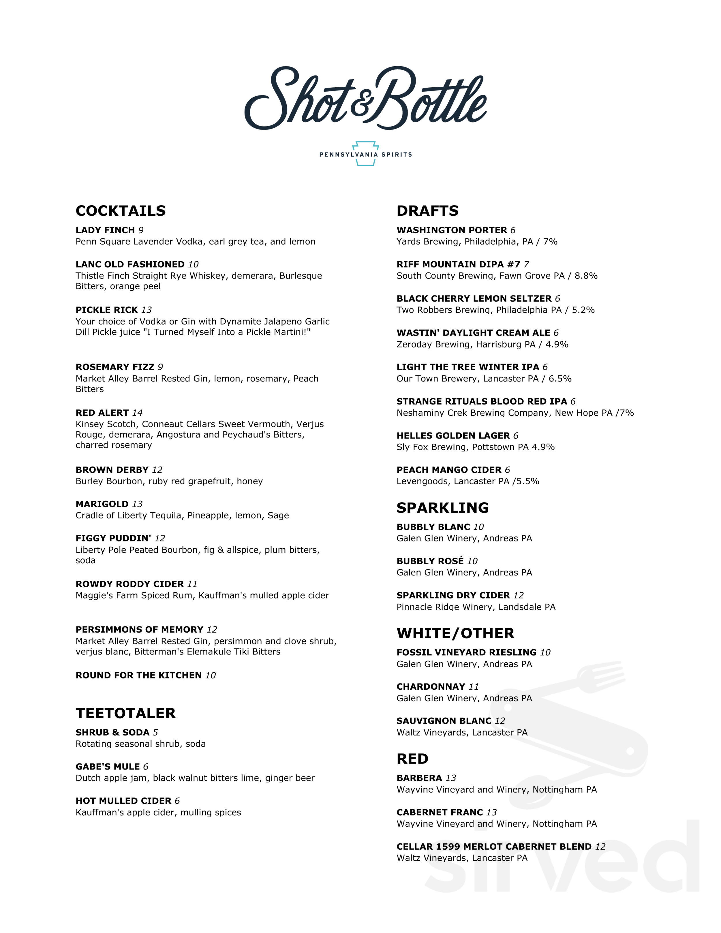 Shot & Bottle menu in Lancaster, Pennsylvania, USA