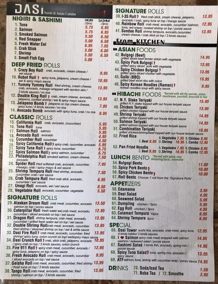 Menu for Dasi Sushi and Asian Cuisine in Bridgeport, TX | Sirved