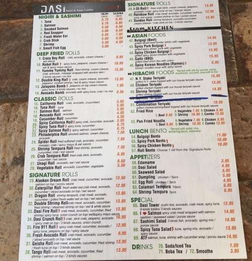 Dasi Sushi and Asian Cuisine menu in Bridgeport, Texas, USA