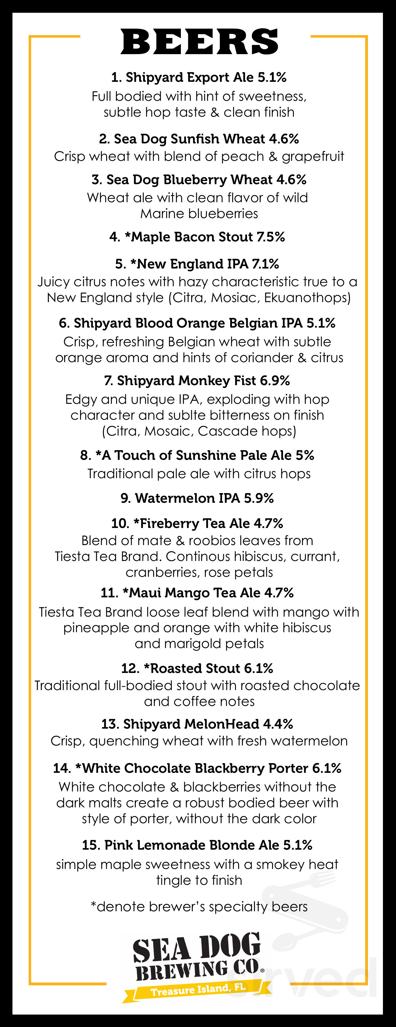 Sea Dog Brewing Co. menu in Treasure Island, Florida, USA