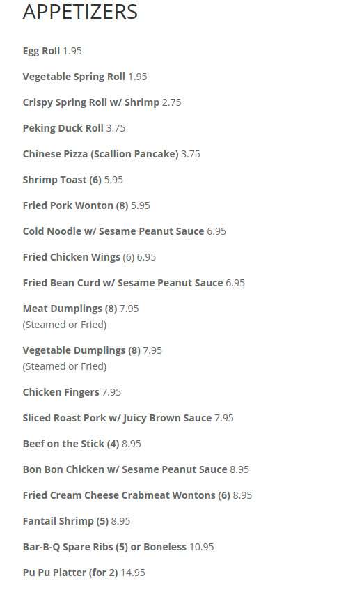 King's Palace Chinese Restaurant menu in Marlton, New Jersey, USA