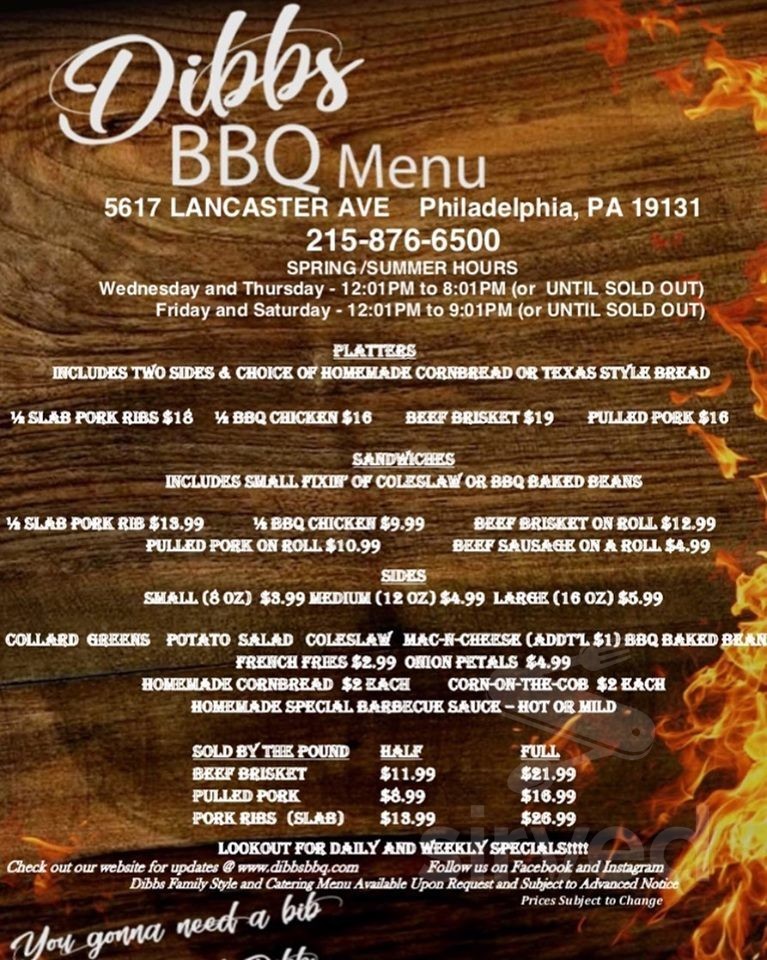Menu for Dibbs BBQ in Philadelphia, PA | Sirved