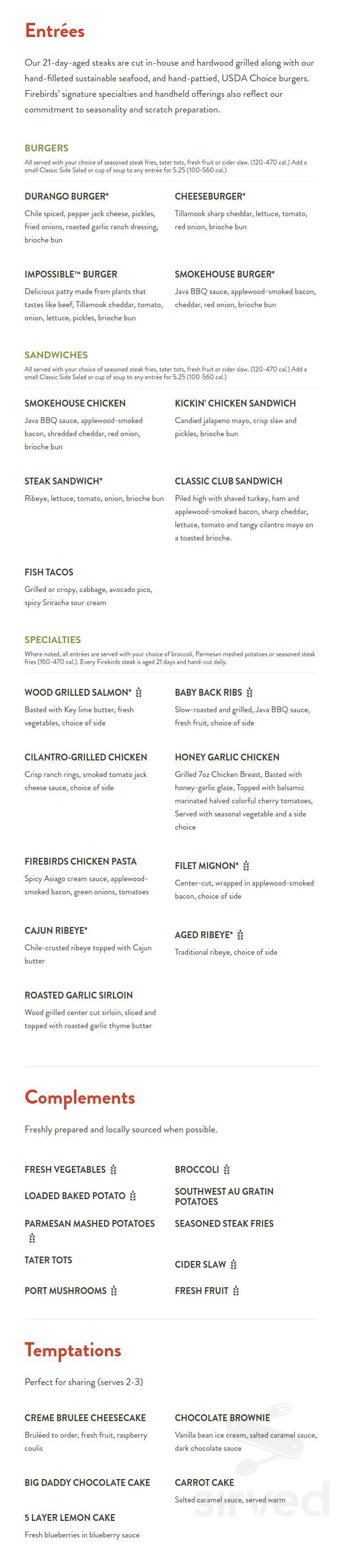 Firebirds menu in Houston, Texas, USA