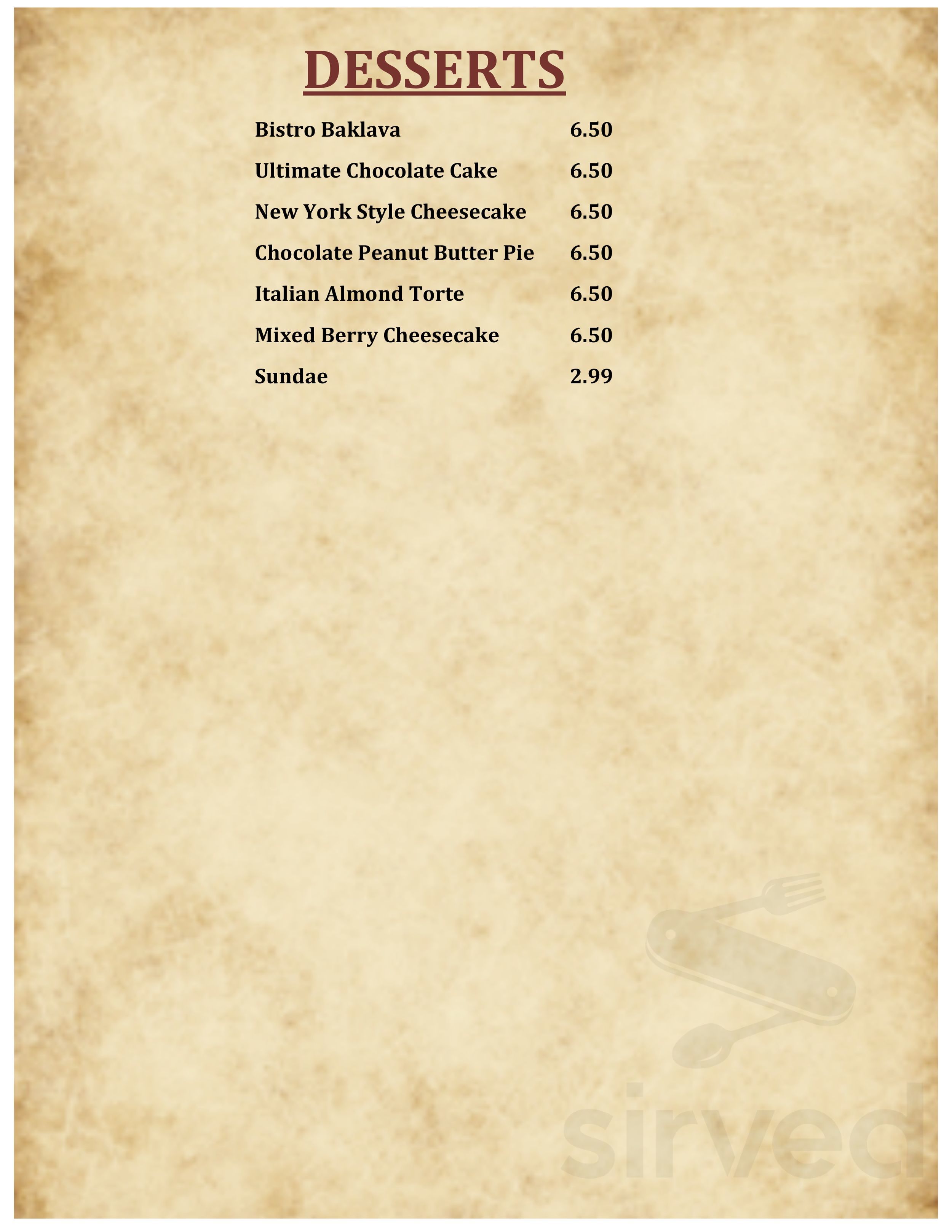 Menu for Bistro 26 in Erie, PA | Sirved