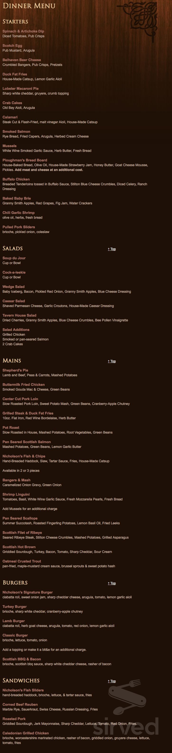 Menu for Nicholson's Fine Food & Whiskey in Cincinnati, OH | Sirved