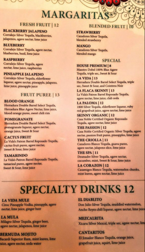La Vida Cantina menu in Costa Mesa, California, USA