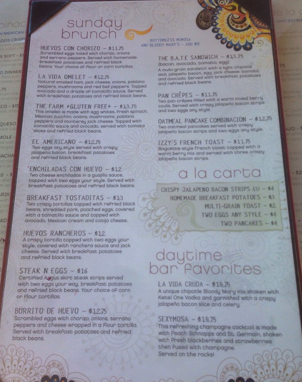 La Vida Cantina menu in Costa Mesa, California, USA