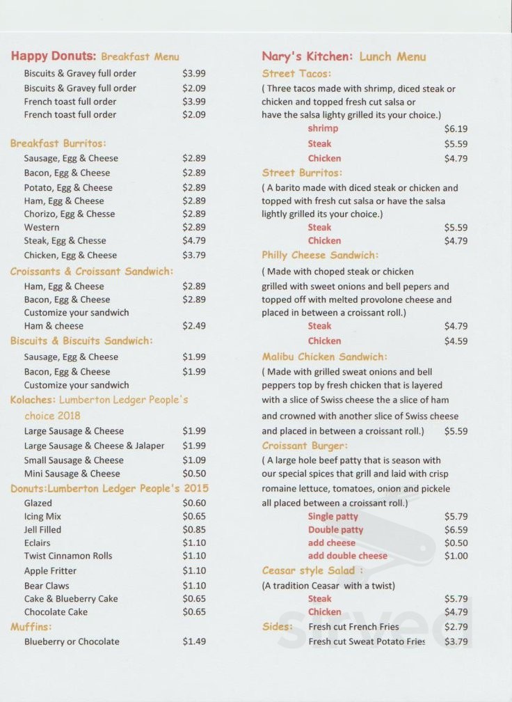 Happy Donuts menu in Lumberton, Texas, USA