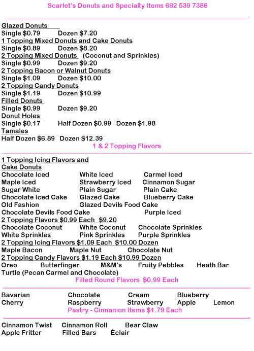 Scarlet's Donuts menu in New Albany, Mississippi, USA