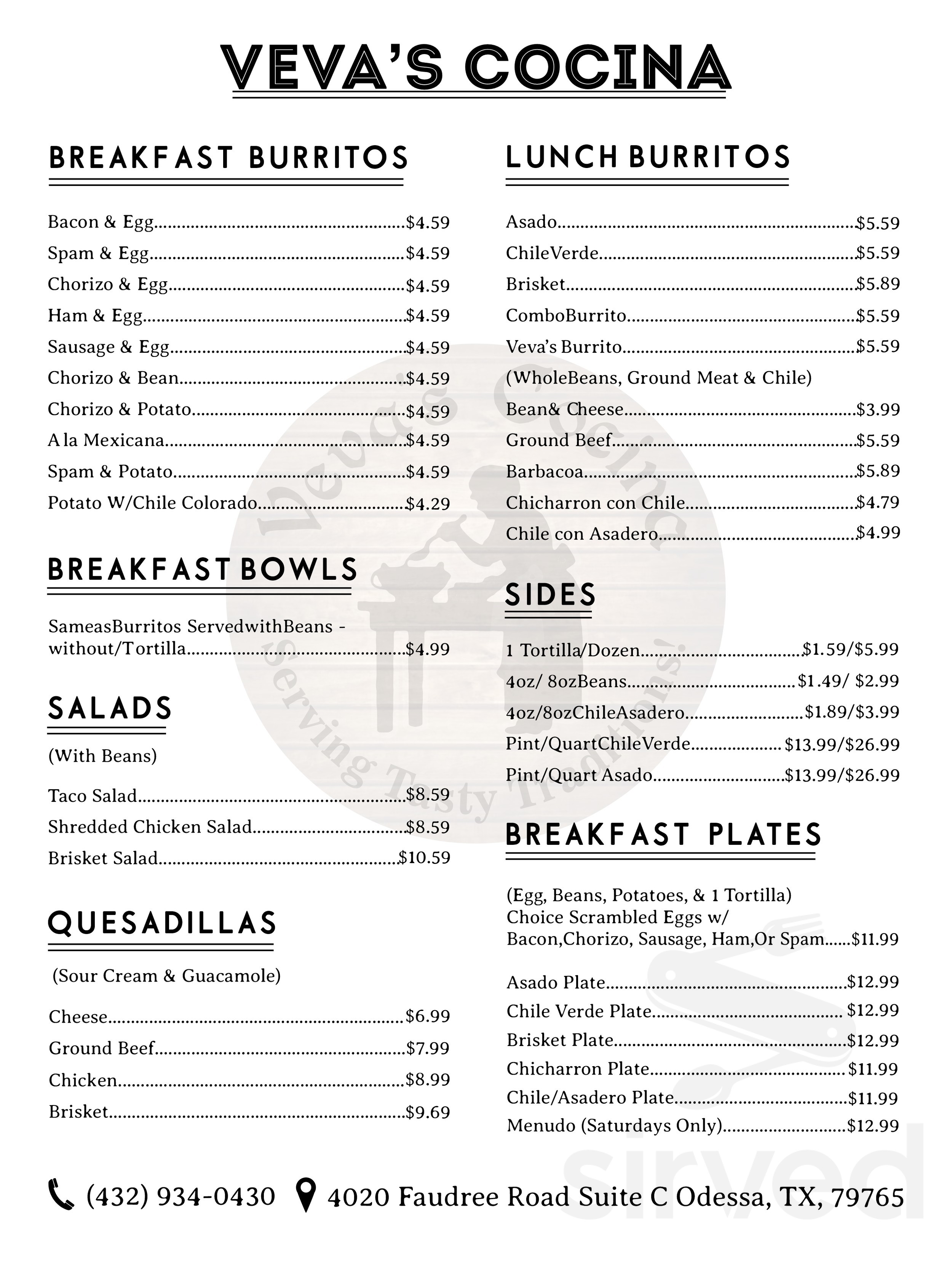 Veva's Cocina menu in Odessa, Texas, USA