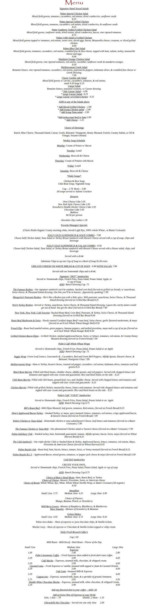 Palms Grill & Pizzeria menu in Salisbury, North Carolina, USA