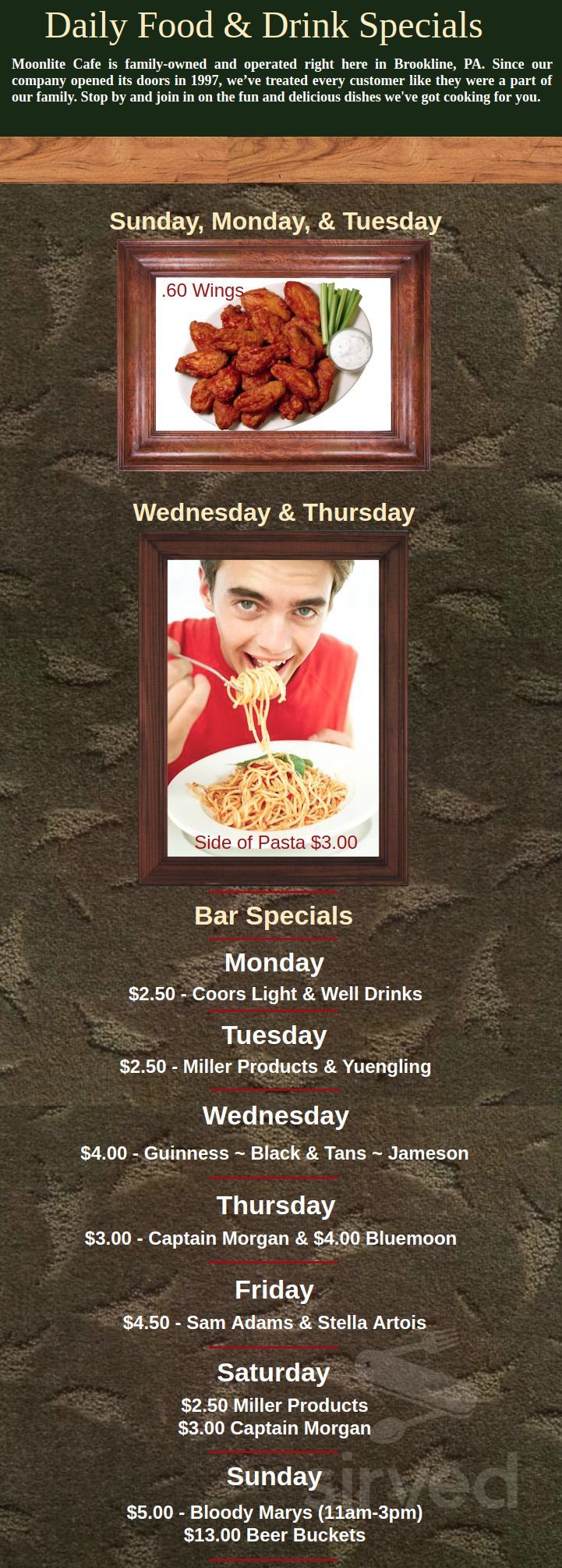 Moonlite Cafe menu in Pittsburgh, Pennsylvania, USA