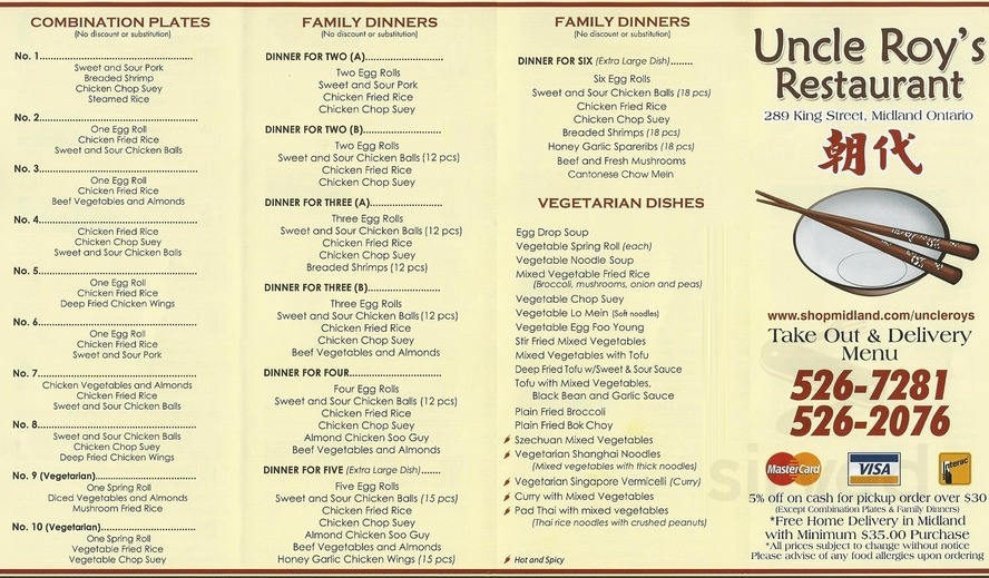 Uncle Roy's Restaurant menus in Midland, Ontario, Canada