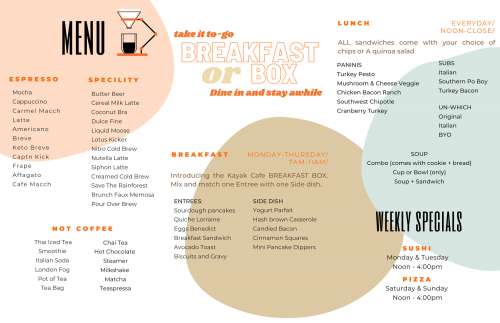 Kayak Cafe menu in Cordova, Alaska, USA