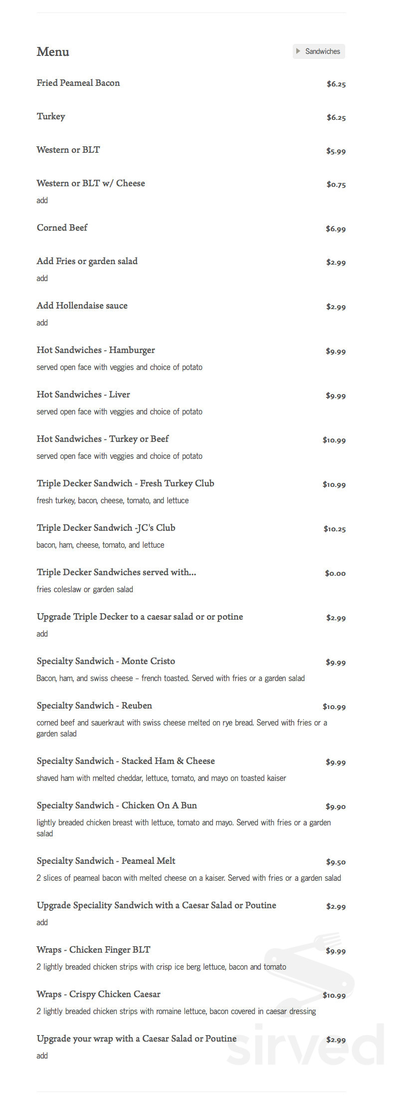 Menu - Port Elgin ON's Jc's on Goderich Catering | Sirved