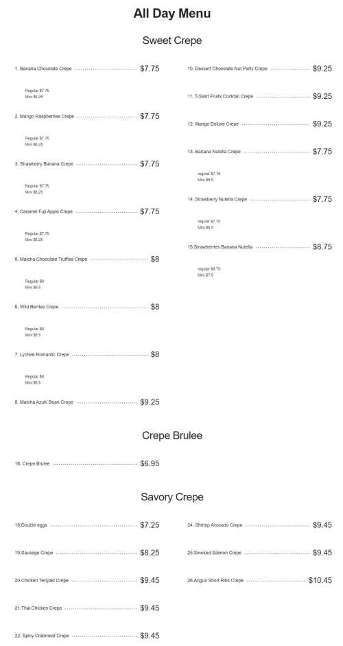 T-Swirl Crepe menu in Pooler, Georgia, USA
