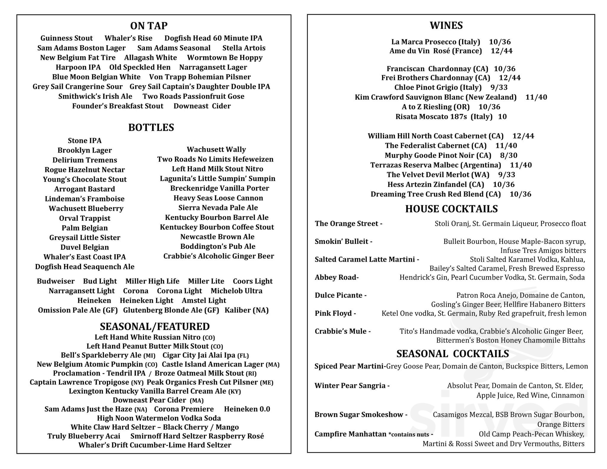 Congress Tavern menu in Providence, Rhode Island, USA