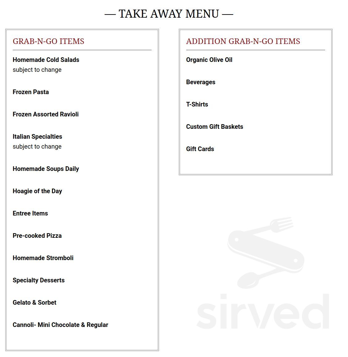 Menu for Arcaro & Genell Restaurant/Catering in Old Forge, PA | Sirved