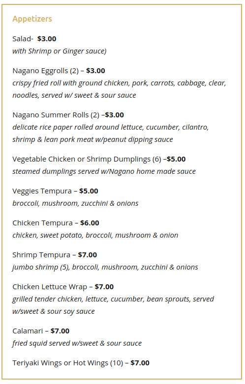 Nagano Japanese Restaurant menu in Conover, North Carolina, USA