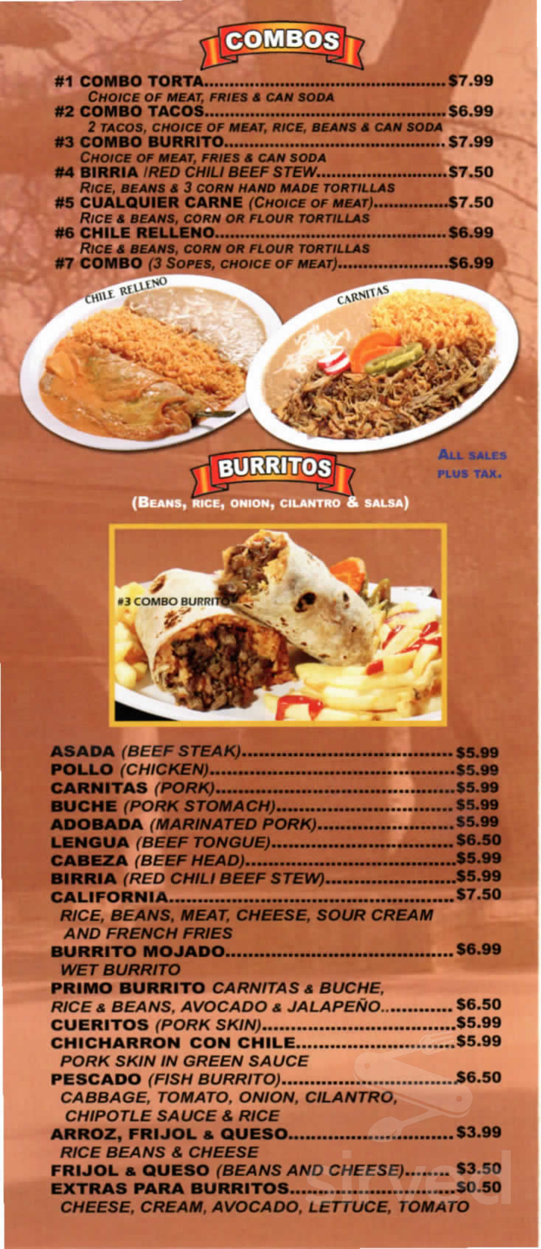 Ricos Tacos El Primo menu in Riverside, California, USA