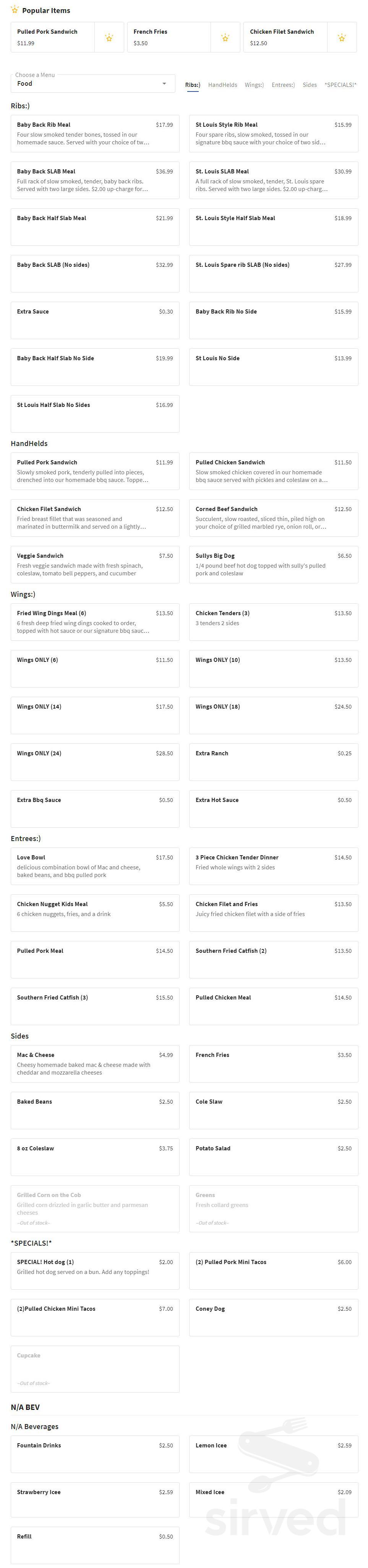 Sully's BBQ menu in Grosse Ile Township, Michigan, USA