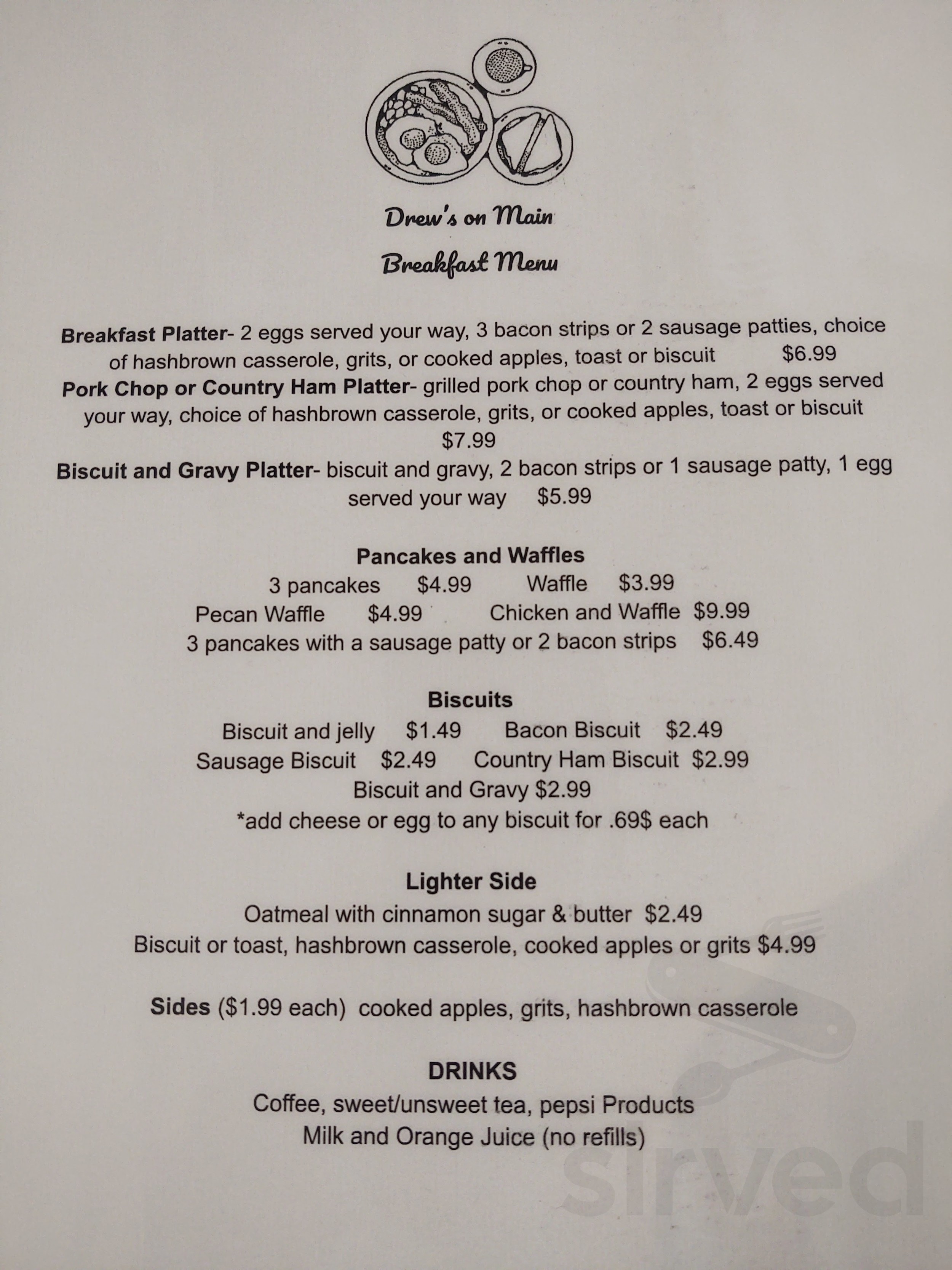 Menu - Church Hill TN's Drew's on Main | Sirved