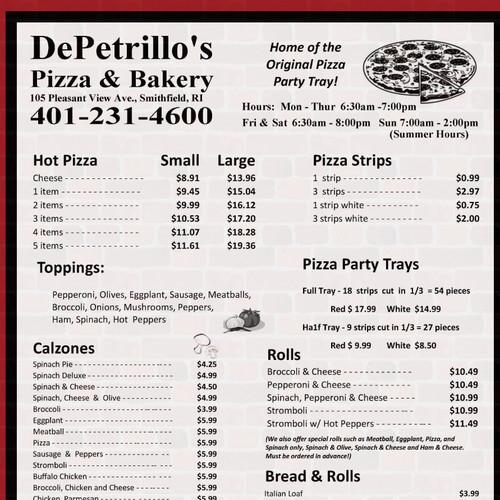 De Petrillo's Pizza & Bakery menu in Smithfield, Rhode Island, USA