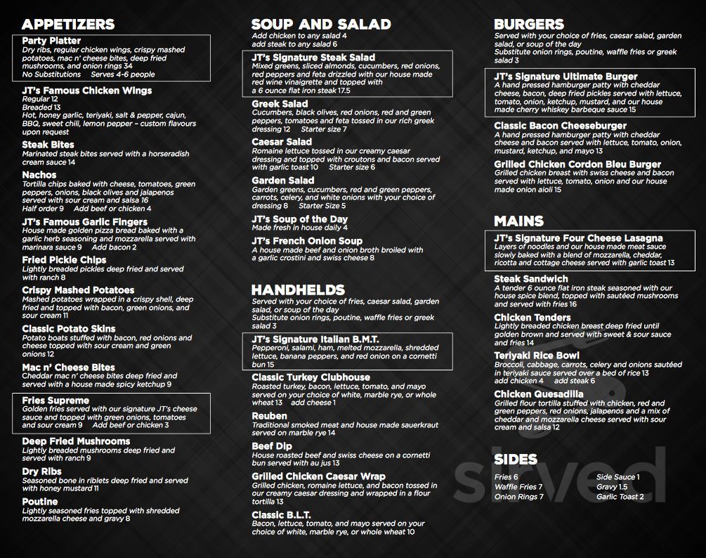 JT's Bar & Grill menu in Edmonton, Alberta, Canada