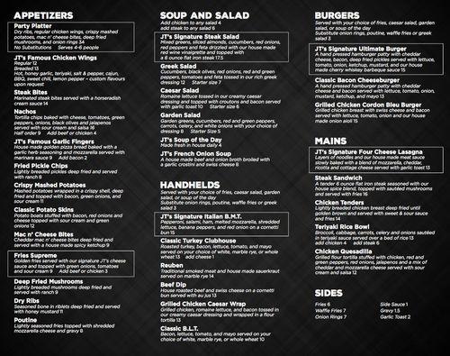 JT's Bar & Grill menu in Edmonton, Alberta, Canada