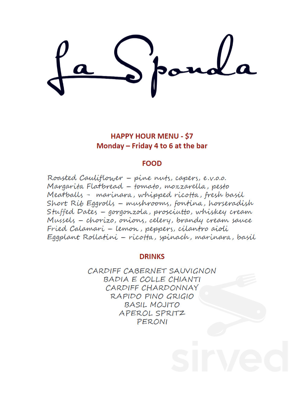 Menu for La Sponda in Downingtown, PA | Sirved