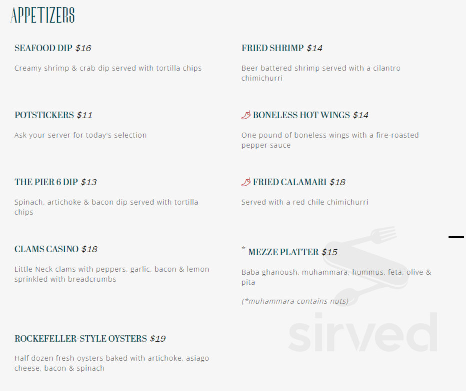 Pier 6 Rooftop Bar & Restaurant menu in Erie, Pennsylvania, USA