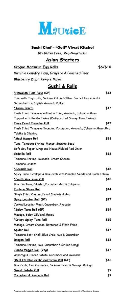 Maurice menu in Onancock, Virginia, USA