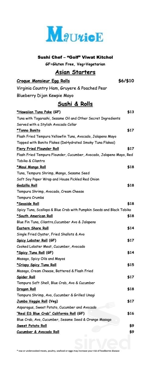 Maurice menu in Onancock, Virginia, USA