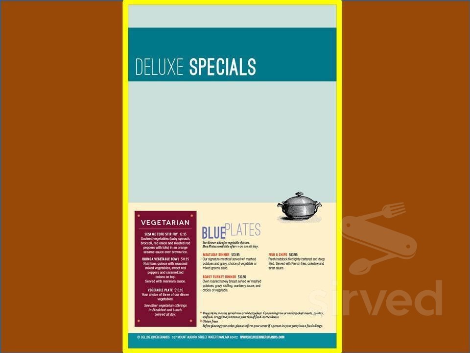 Deluxe Town Diner menu in Watertown, Massachusetts, USA