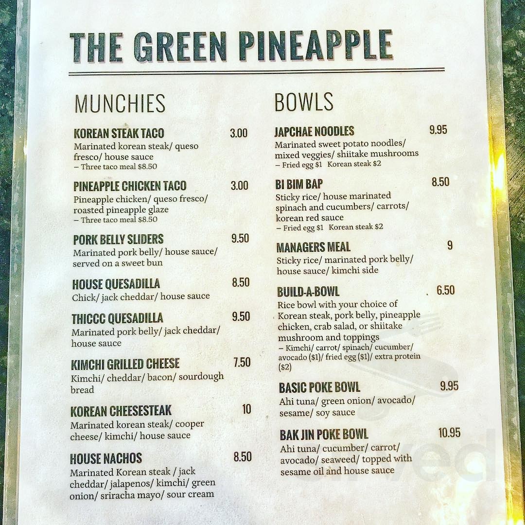 The Green Pineapple menu in Shepherdstown, West Virginia, USA