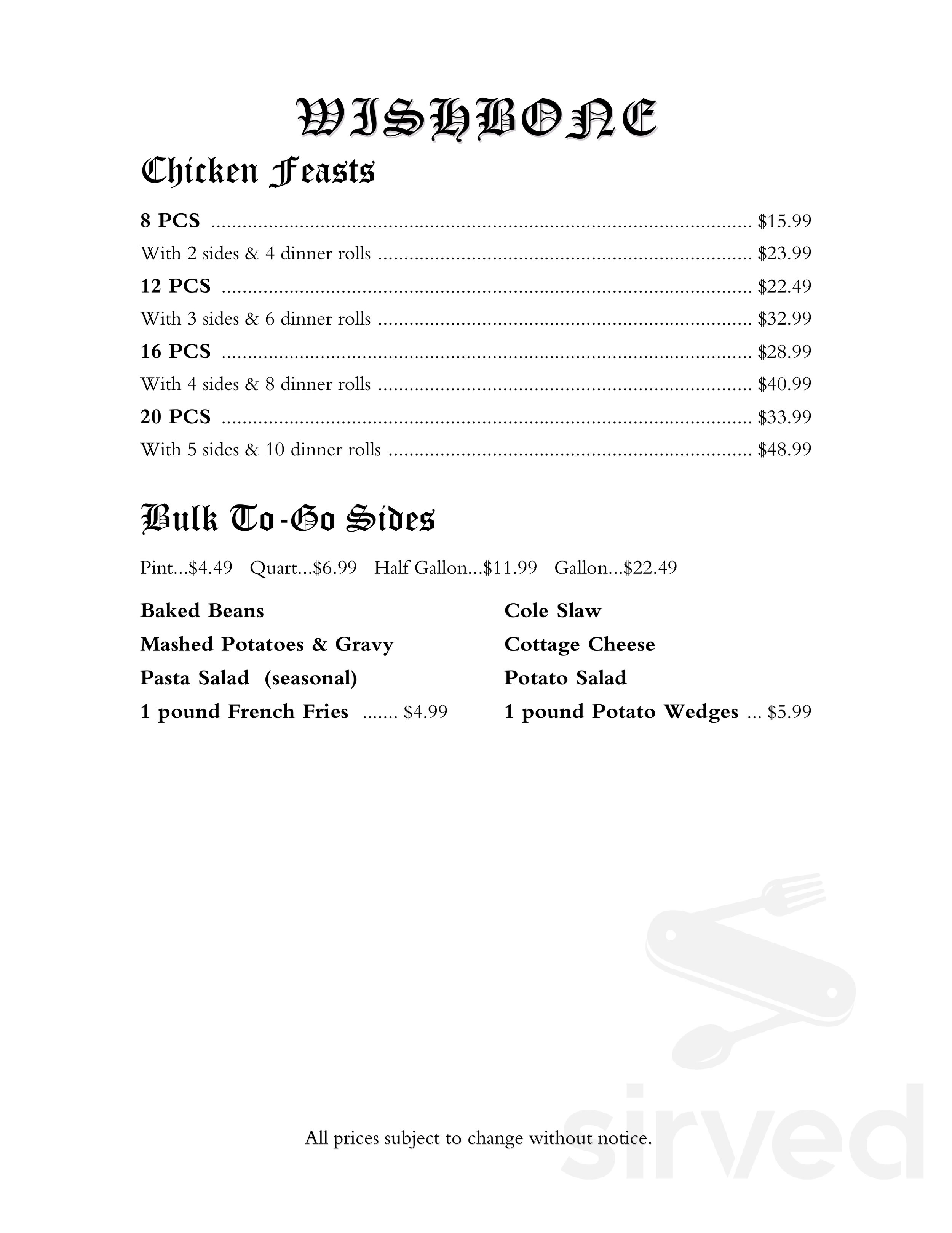 Menu - Waterloo IA's Wishbone | Sirved