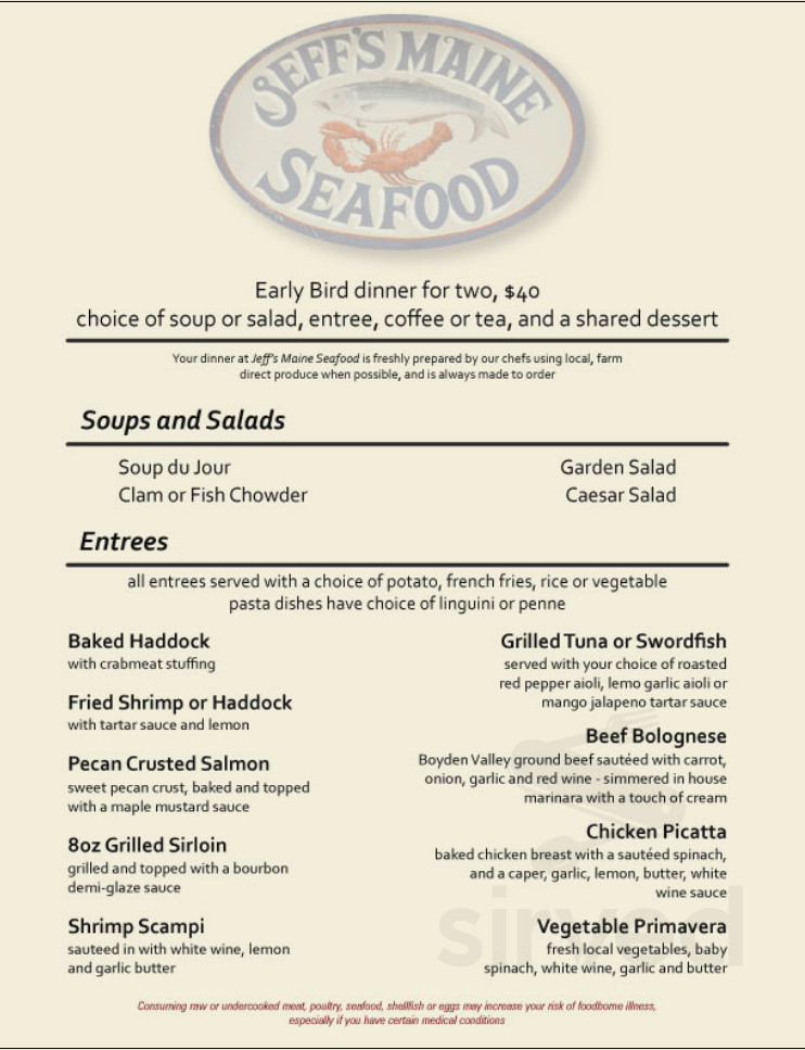 Jeff's Maine Seafood menu in St Albans City, Vermont, USA